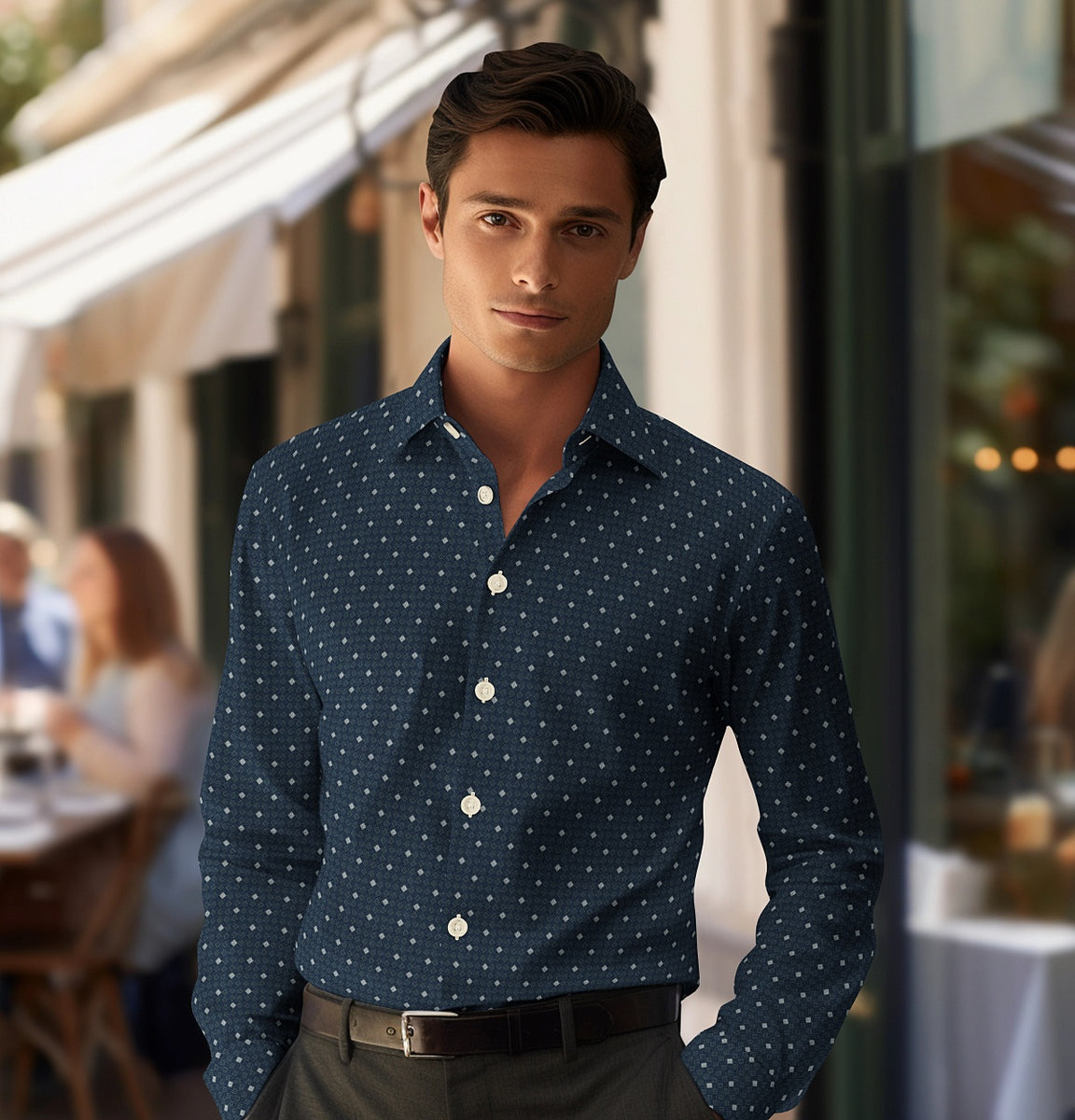 Airthreads Men's Shirt, Pure Cotton, Long Sleeve, Navy Tile, Tailored Fit