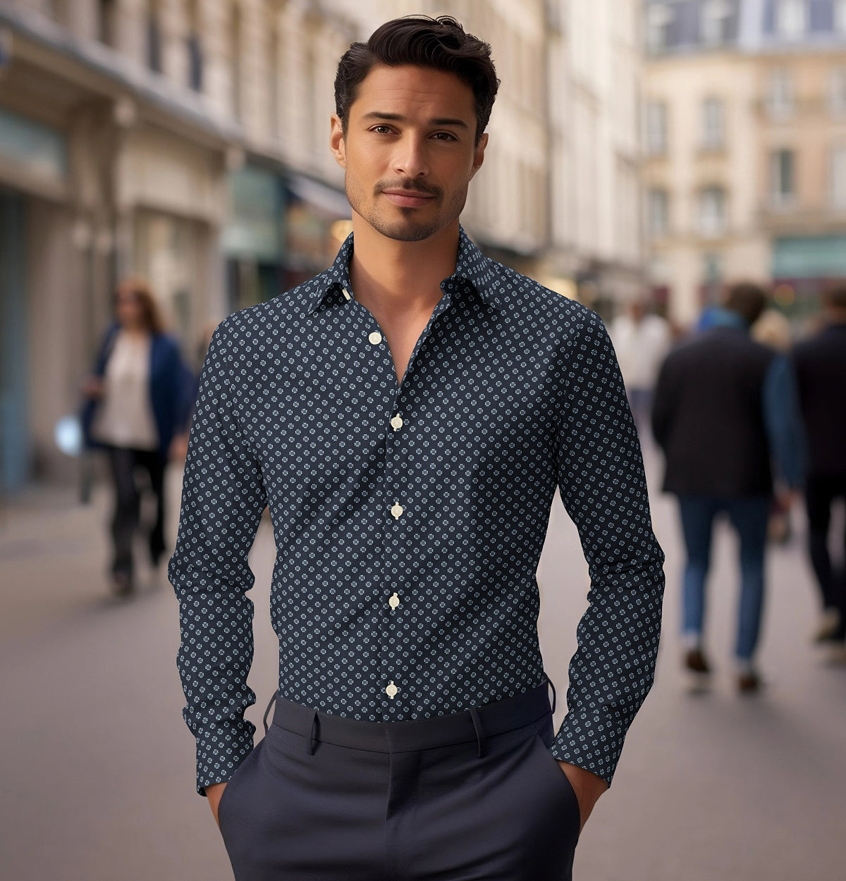 Airthreads Men's Shirt, Pure Cotton, Long Sleeve, Navy Flower Print, Tailored Fit