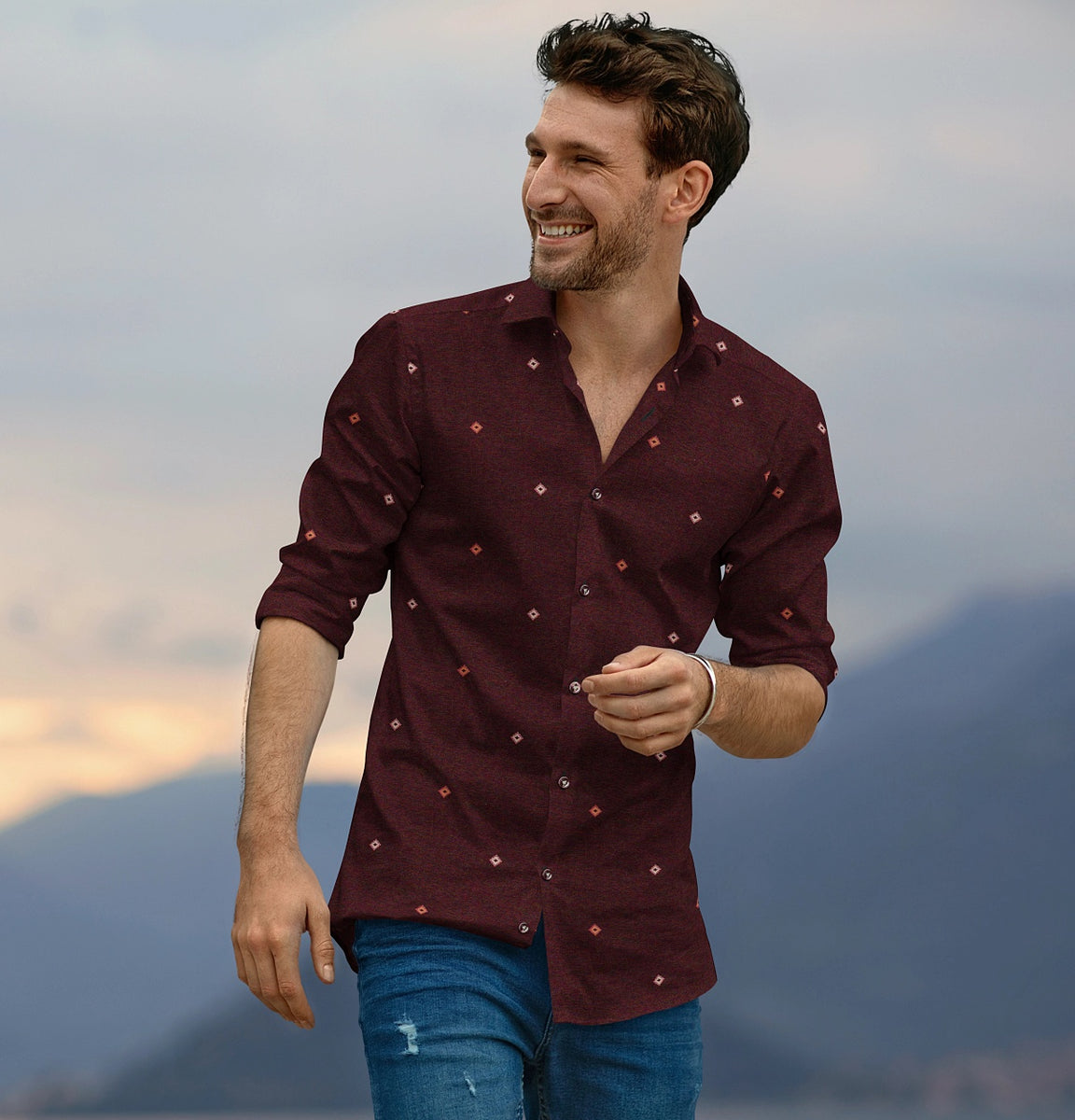 Airthreads Men's Shirt, Pure Cotton, Long Sleeve, Maroon Diamond ...