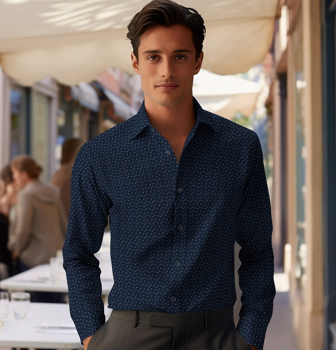 Airthreads Men's Shirt, Pure Cotton, Long Sleeve, Navy Petal Dance ...