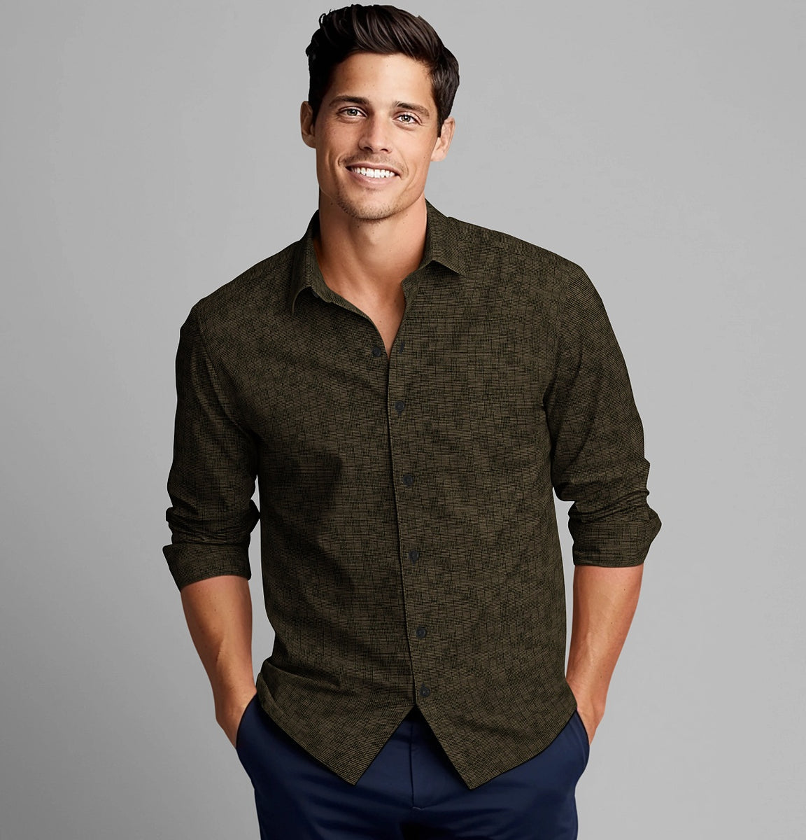 Airthreads Men's Shirt, Pure Cotton, Long Sleeve, Moss Gridlock ...