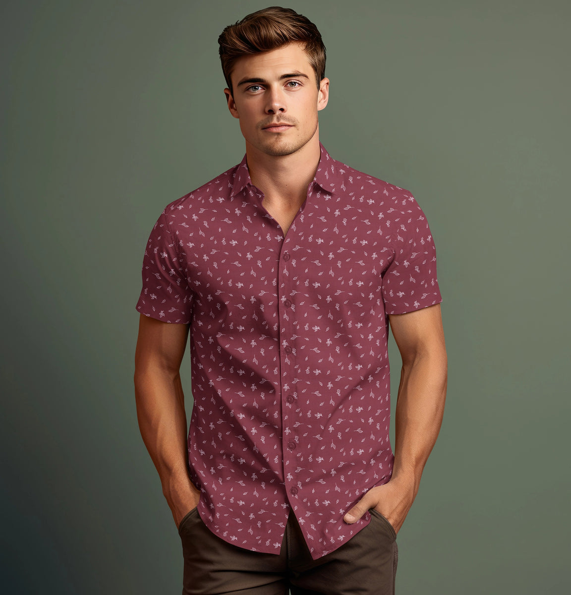 Airthreads Men's Shirt, Short Sleeve, Poplin, Maroon with Leaves Print ...