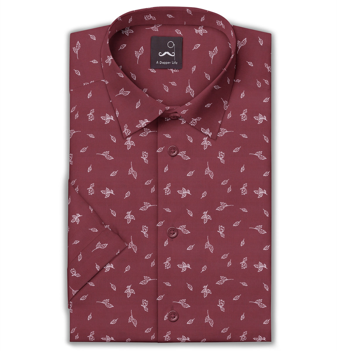 Airthreads Men's Shirt, Short Sleeve, Poplin, Maroon with Leaves Print ...