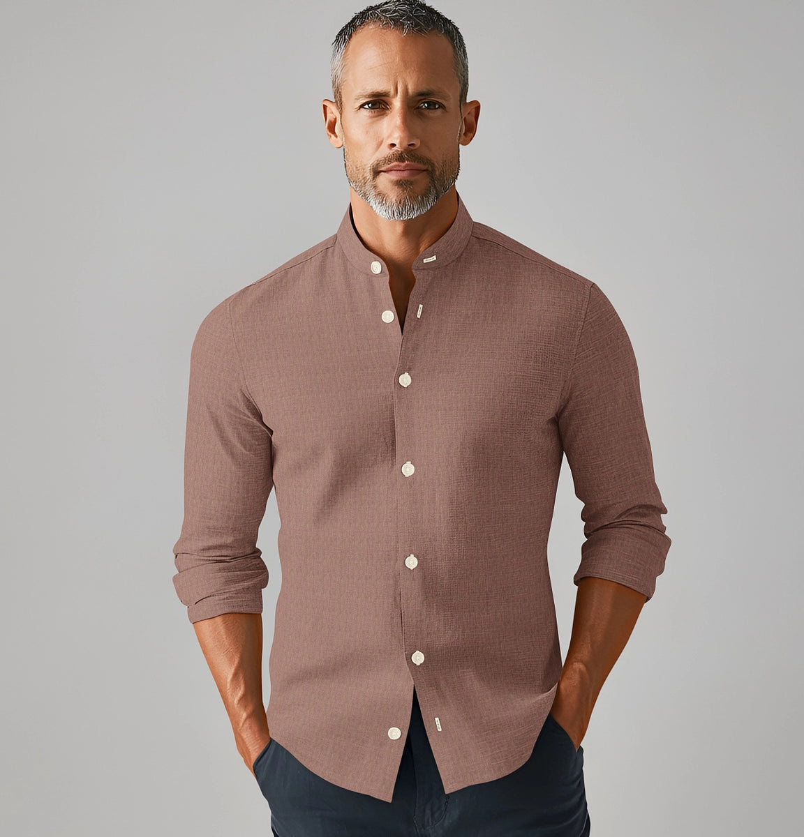 Airthreads Men's Shirt, Pure Linen, Band-Down Collar, Long Sleeve, Gray ...