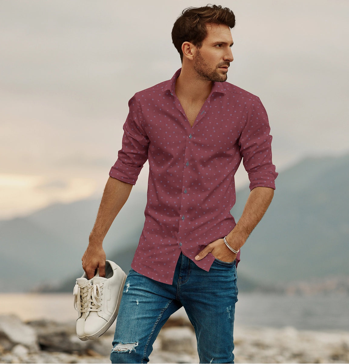 Airthreads Men's Shirt, Pure Cotton, Long Sleeve, Maroon Print ...