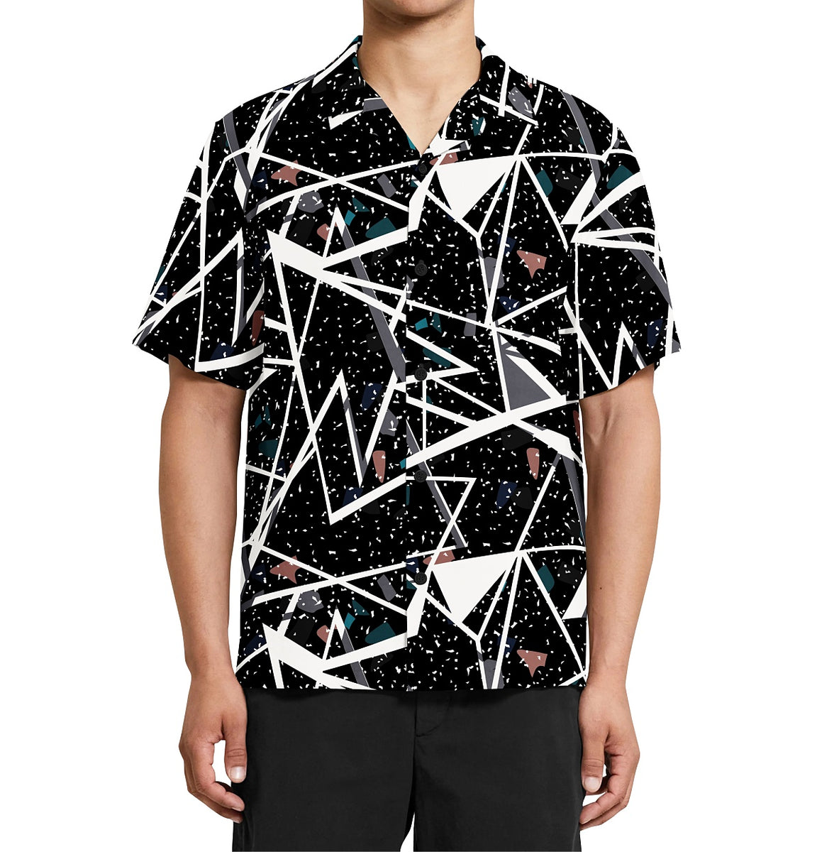 Airthreads Men's Shirt, Non-Iron, Camp Collar, Black Abstract, Tailored Fit